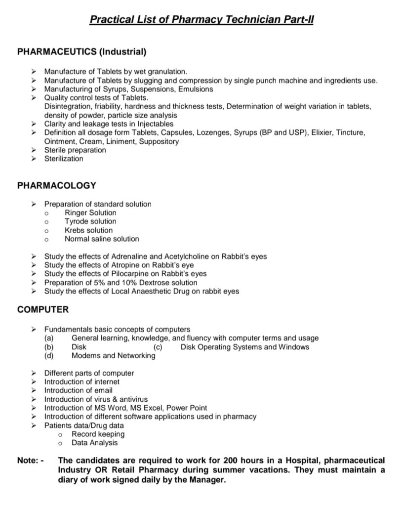 Pharmacy Technician Part-II Practical List - Pharmacy Technician Academy